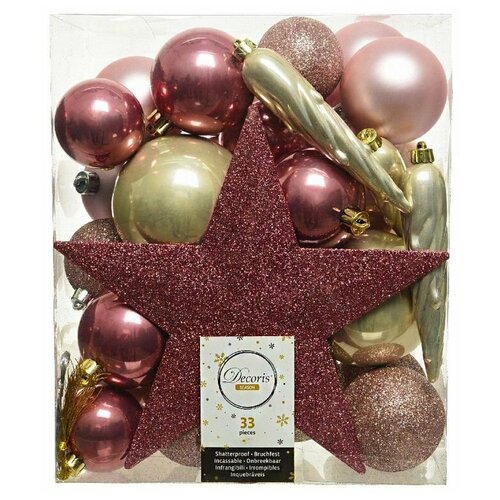 Набор пластиковых елочных шаров и украшений новогодний, цвета: розовый бархат, нежно-розовый, перламутровый, упаковка 33