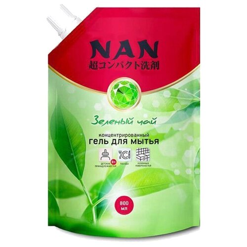 NAN Средство для мытья посуды и детских принадлежностей зеленый чай сменный блок, 0.8 л, 0.8 кг