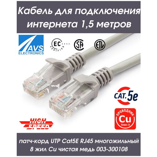 Витая пара лан кабель для интернета Патч-корд сетевой шнур провод для интернета UTP Кат.5е rj-45 RIPO литой медный 8 жил Cu 1,5 метра 003-300108