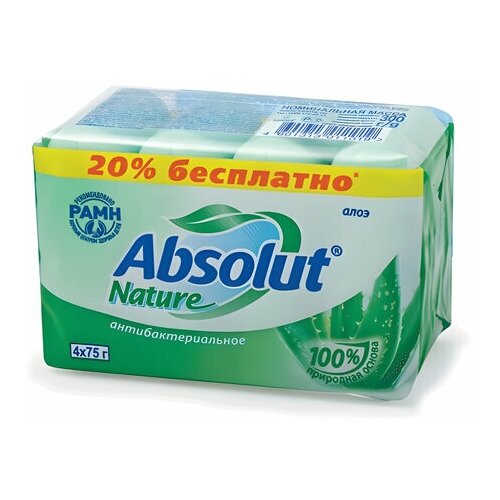 Мыло туалетное антибактериальное 300 г ABSOLUT (Абсолют) комплект 4х 75 г "Алоэ" без триклозана, 6 шт