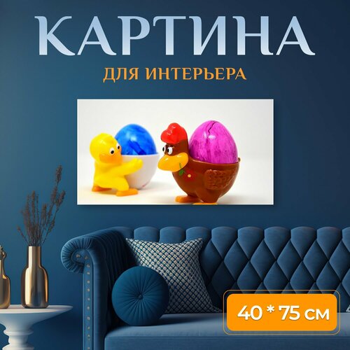 Картина на холсте "Пасхальное яйцо, цыпленок, курица" на подрамнике 75х40 см. для интерьера