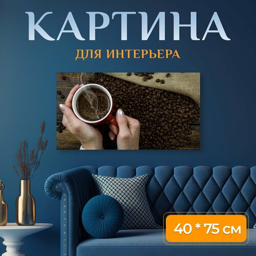 Картина на холсте "Горячий кофе, кружка с кофе, женщина" на подрамнике 75х40 см. для интерьера