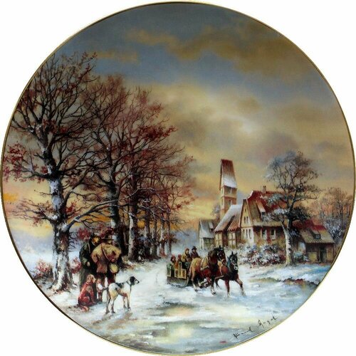 Семейная прогулка по снегу, винтажная декоративная настенная тарелка из коллекции "Живописные зимние пейзажи" художник Бернд Гагель
