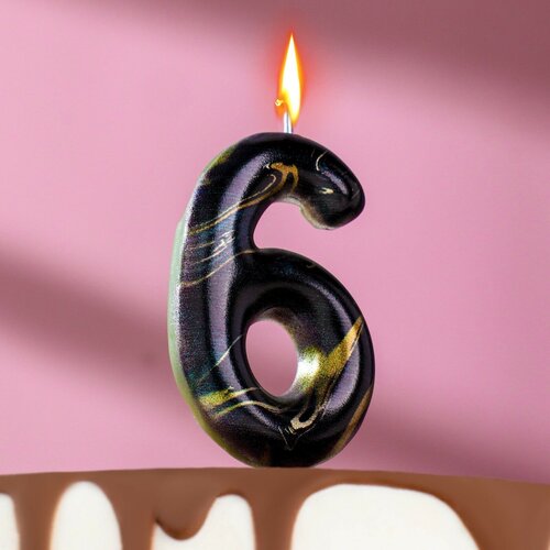 Свеча в торт "Черный мрамор", цифра "6", 5,5 см