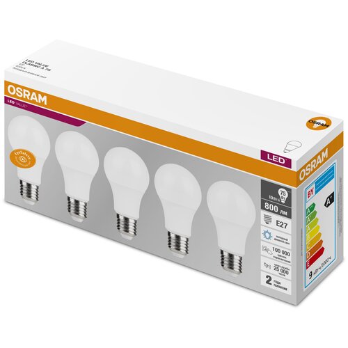 Упаковка светодиодных ламп 5 шт. LEDVANCE LED Value LVCLA75, E27, A75, 10 Вт, 6500 К
