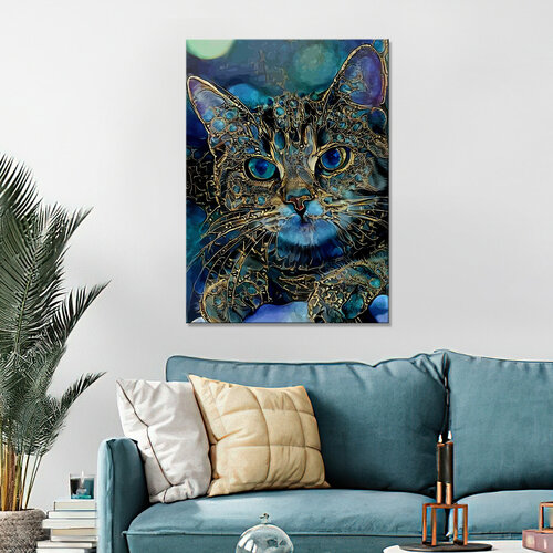 Картина интерьерная-Серьёзная кошка синяя мозаика 40х55