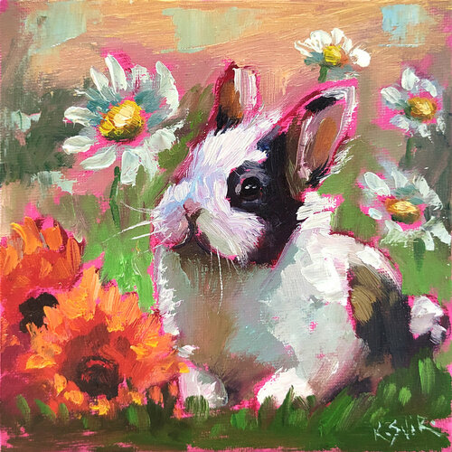 Картина маслом кролик и цветы, авторская ручная работа 15х15 см от SviksArt