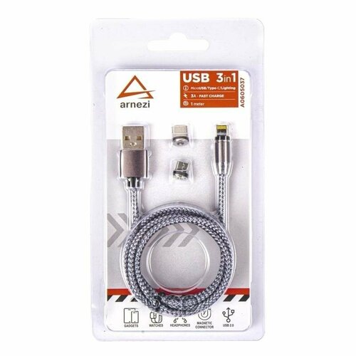 Дата-кабель зарядный 3в1 USB - MicroType CLightning (1 м. 3А) магнитный коннектор. c подсветкой EAN-13: 4610102710521