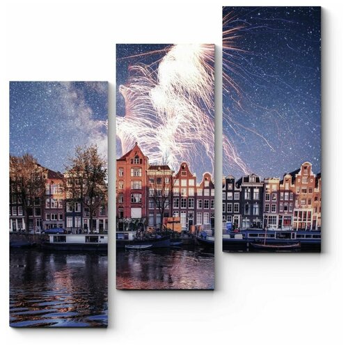 Модульная картина Яркий фейерверк в ночном небе Амстердама 110x117