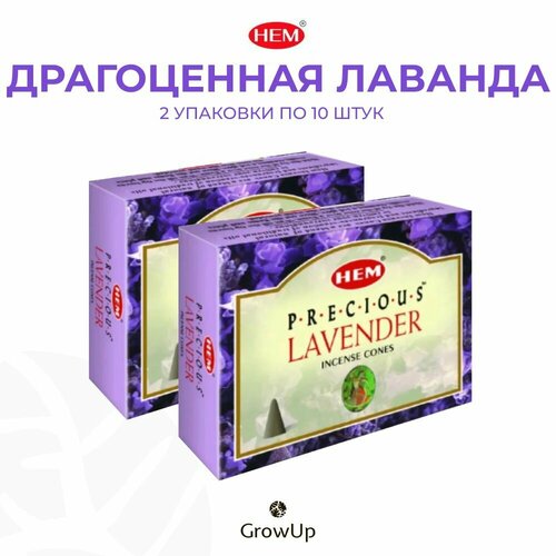 HEM Драгоценная Лаванда - 2 упаковки по 10 шт, благовония для медитаций, духовных практик и йоги, Precious Lavender - ХЕМ - конусовидные, ароматические конусы с подставкой