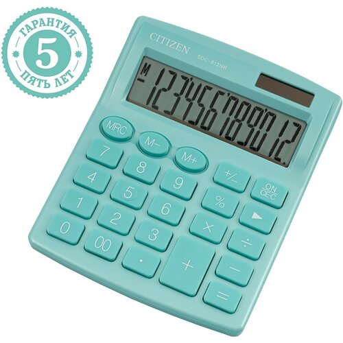 Калькулятор настольный Citizen SDC-810NR, 12 разрядный, 124 х 102 х 25 мм, 2-е питание, бирюзовый