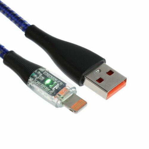 Кабель, 2 А, Lightning - USB, прозрачный, оплётка нейлон, 1 м, синий