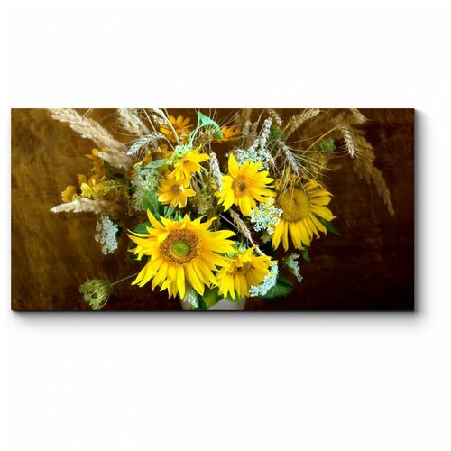 Модульная картина Подсолнухи и сухоцветы 90x45