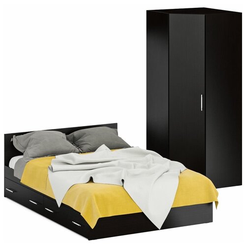 Кровать двуспальная с ящиками 1400 со шкафом для одежды 2-х створчатым Стандарт, цвет венге, спальное место 1400х2000 мм, без матраса, основание есть