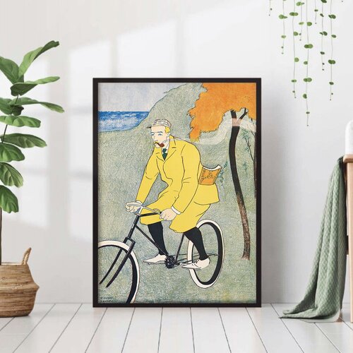 Постер "Мужчина на велосипеде" 50 на 70 в черной рамке / Картина для интерьера / Плакат / Постер на стену / Интерьерные картины