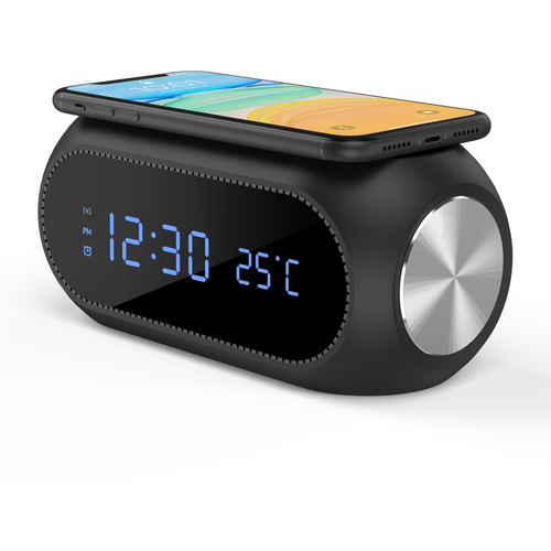 Настольные электронные часы с будильником MIRRON A777 Ч/Беспроводная зарядка 15 Вт/Чёрный корпус/Для детской, спальни/Часы с термометром/Подарок