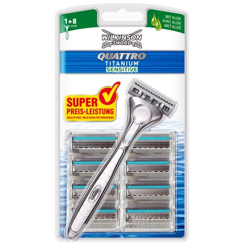 Многоразовый бритвенный станок Wilkinson Sword Quattro Titanium Sensitive, 9 шт.