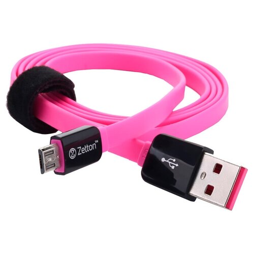 Кабель Zetton Flat USB - microUSB, 1 м, розовый