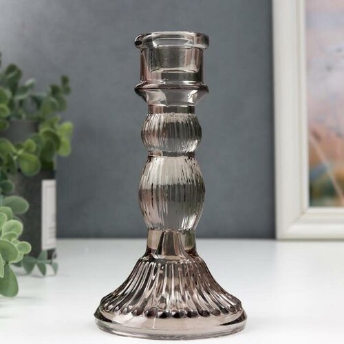 SUI Подсвечник стекло на 1 свечу "Колонна с шарами" серый прозрачный 15,5х8,5х8,5 см