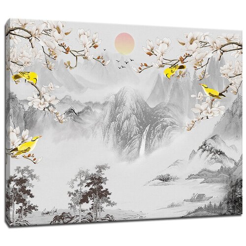 Картина Уютная стена "Черно-белый пейзаж с цветными птицами" 80х60 см