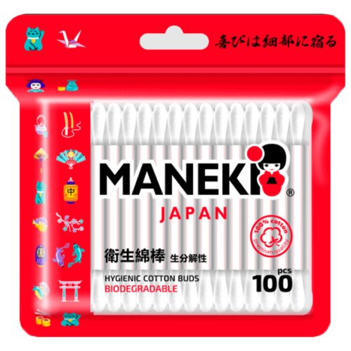 Ватные палочки Maneki  Red с белым бумажным стиком, белый, 100 шт., пакет