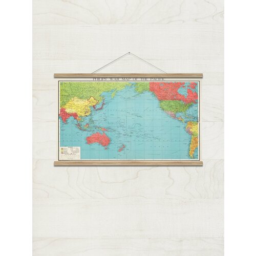 Постер / Плакат / Картина на холсте Старинная карта на холсте - Карта мира с Тихим океаном на английском языке 50x70