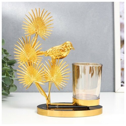 MARU Подсвечник металл, стекло на 1 свечу "Птица на пальме" d-5 см, золото 8х16х19 см