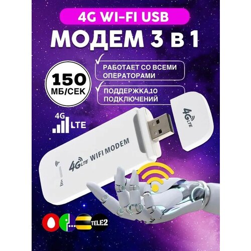 Модем, 4g lte модем, usb модем, интерфейс подключения USB, поддержка сетей 4G, исполнение внешнее, белый