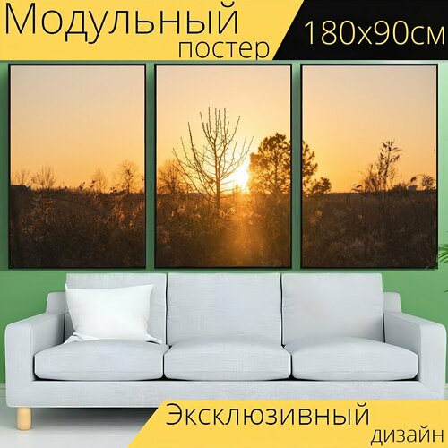 Модульный постер "Деревенский, поле, заход солнца" 180 x 90 см. для интерьера
