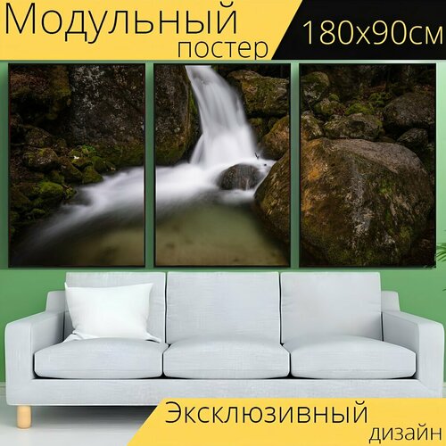 Модульный постер "Водопад, река, горные породы" 180 x 90 см. для интерьера