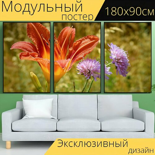Модульный постер "Цветы, луг, природа" 180 x 90 см. для интерьера
