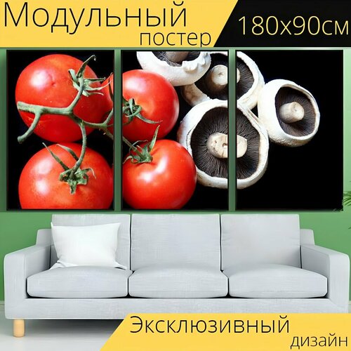 Модульный постер "Овощи, помидоры, грибы" 180 x 90 см. для интерьера
