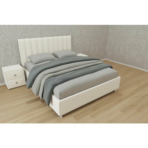 Двуспальная кровать Челси с матрасом 180x200 основание металлическое с ламелями велюр белый ножки 13 см хром