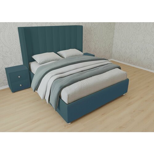 Двуспальная кровать Женева 160x200 с подъемным механизмом и с коробом для белья велюр бирюзовый ножки 5 см