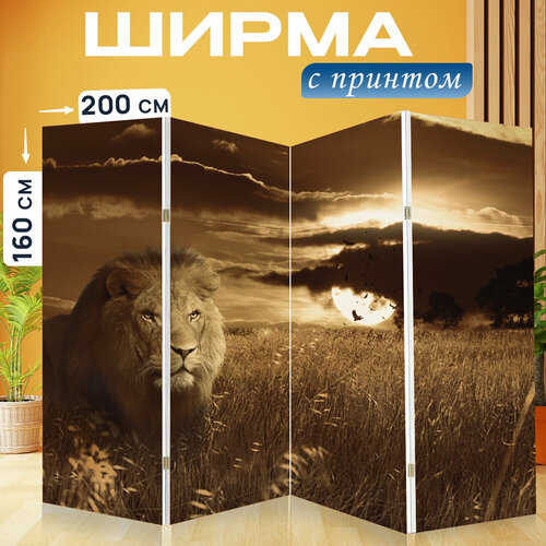 Ширма перегородка с принтом "Лев, животное, африка" на холсте - 200x160 см. для зонирования, раскладная
