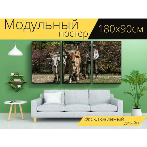 Модульный постер "Сельское хозяйство, бык, сельскохозяйственное животное" 180 x 90 см. для интерьера