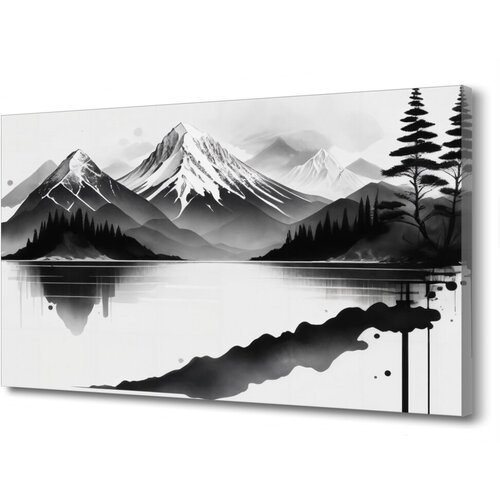 Картина на холсте "Озеро в горах. Инк арт." PRC-1695 (45x30см). Натуральный холст