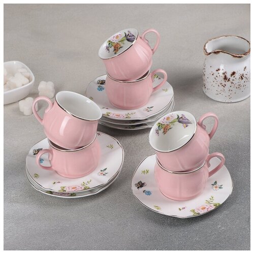 Сервиз кофейный керамический "Сирена", 12 предметов: 6 чашек 100 мл, 6 блюдец 12 см, цвет розовый