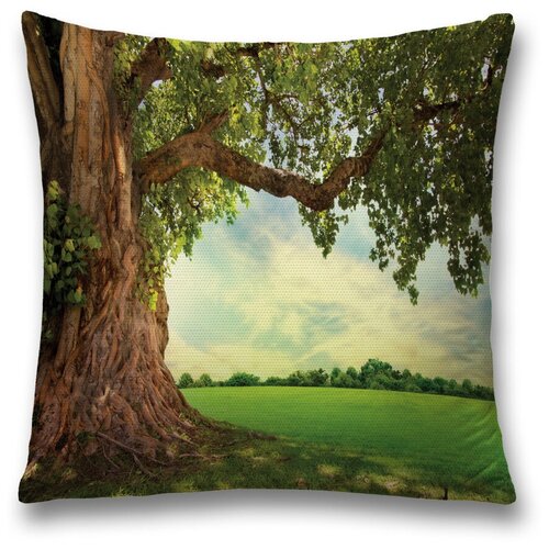 Наволочка декоративная на молнии, чехол на подушку JoyArty "Дерево на зеленой поляне" 45х45 см