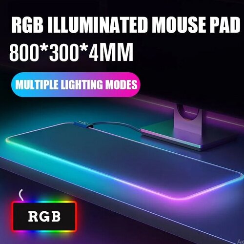 Игровой коврик для мыши с RGB подсветкой, водоотталкивающее покрытие, 800 х 300 х 4мм, много режимов, коврик для клавиатуры и мыши
