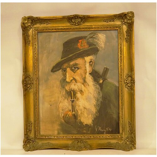 Антикварная картина "Портрет старика с трубкой", масло на доске. Голландия, 20 век.