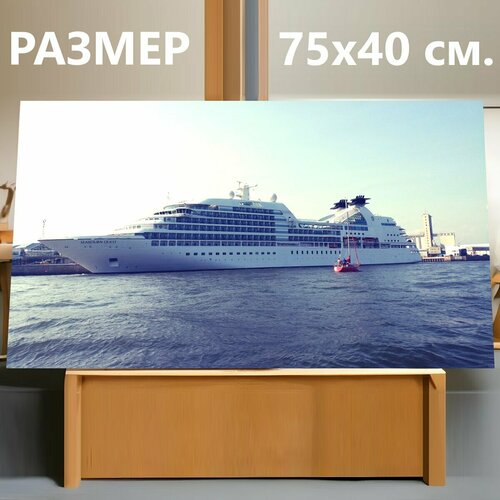 Картина на холсте "Водное пространство, море, корабль" на подрамнике 75х40 см. для интерьера