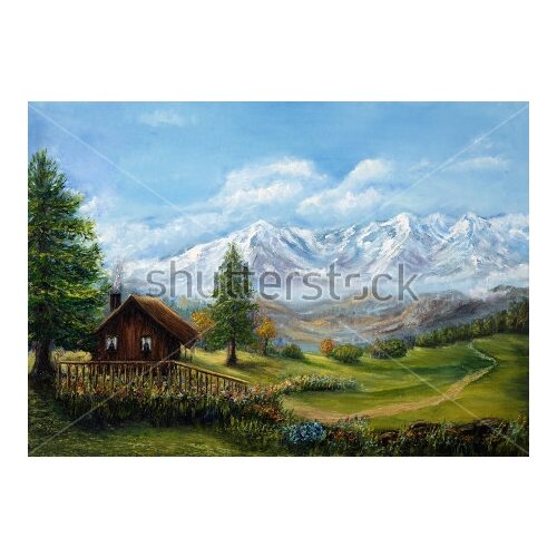 Постер на холсте Живописный пейзаж уютного уголка с домиком под сосной на фоне красивых заснеженных гор 42см. x 30см.