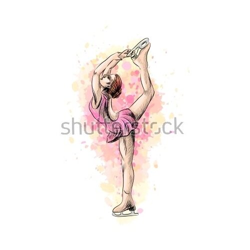 Постер на холсте Красочная иллюстрация с танцующей фигуристкой на фоне акварельных пятен и брызг 50см. x 63см.