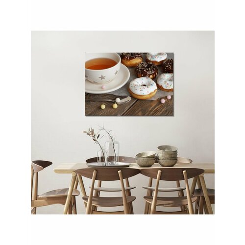 Картина на холсте с подрамником Пончики и чашка чая 40х60