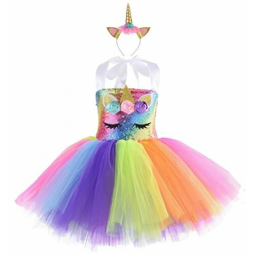 Платье карнавальное "Единорог" разноцветное (ободок) (размер м)