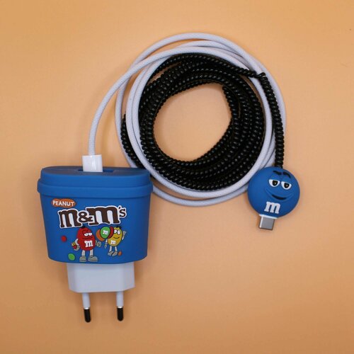 Комплект с обмоткой-спиралью для кабеля и защитный чехол для зарядки и защита кабеля от излома - ММС M&Ms синяя (черная)