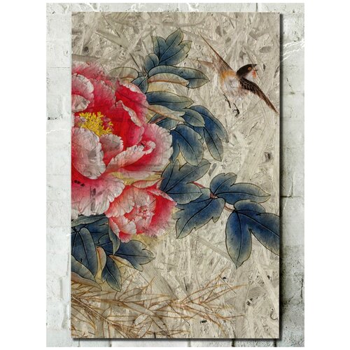 Картина интерьерная на рельефной доске китайская живопись (Го - хуа, цветы и птицы, пионы) - 895