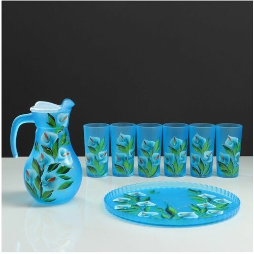 Набор для сока с подносом "Каллы" художественная роспись, 6 стаканов 1250/200 мл, синий 4852753