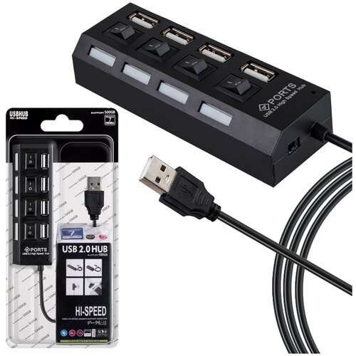 USB Hub разветвитель на 4 USB с выключателями (Черный)